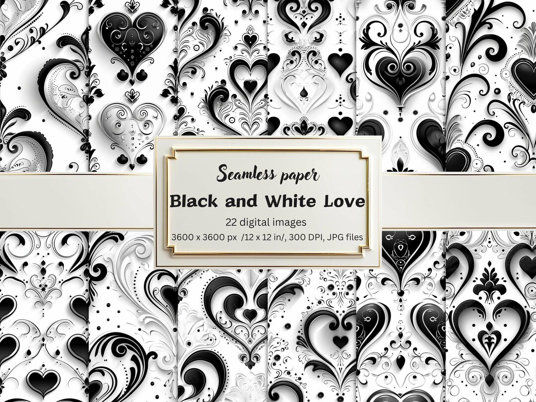 Black White Heart Digital Paper Bundle, 22 Love Backgrounds for ...