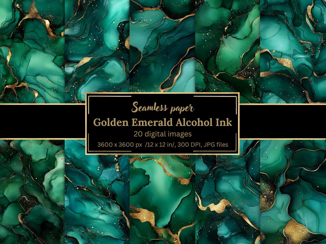Golden Emerald Alcohol Ink Digital Paper Bundle - 20 Abstract Seamless ...