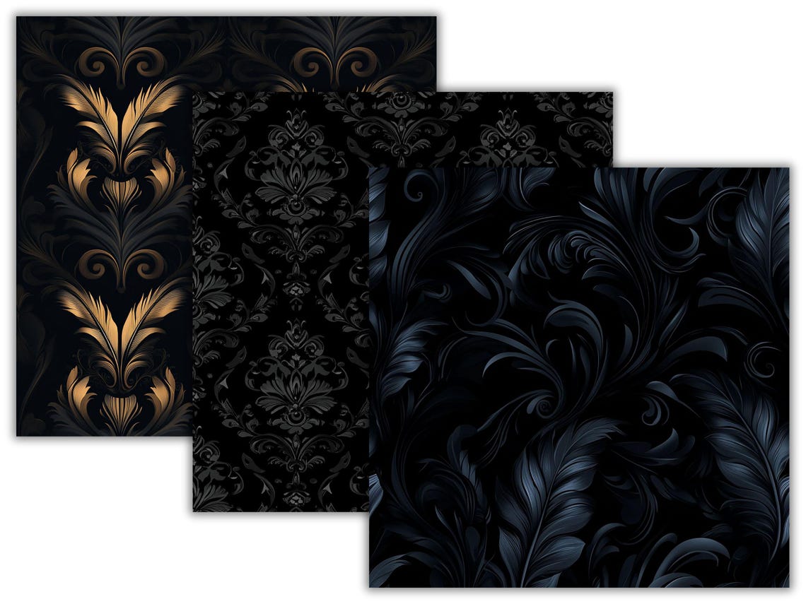 Midnight Damask Digital Paper Set, 20 Seamless Black Baroque Textures ...