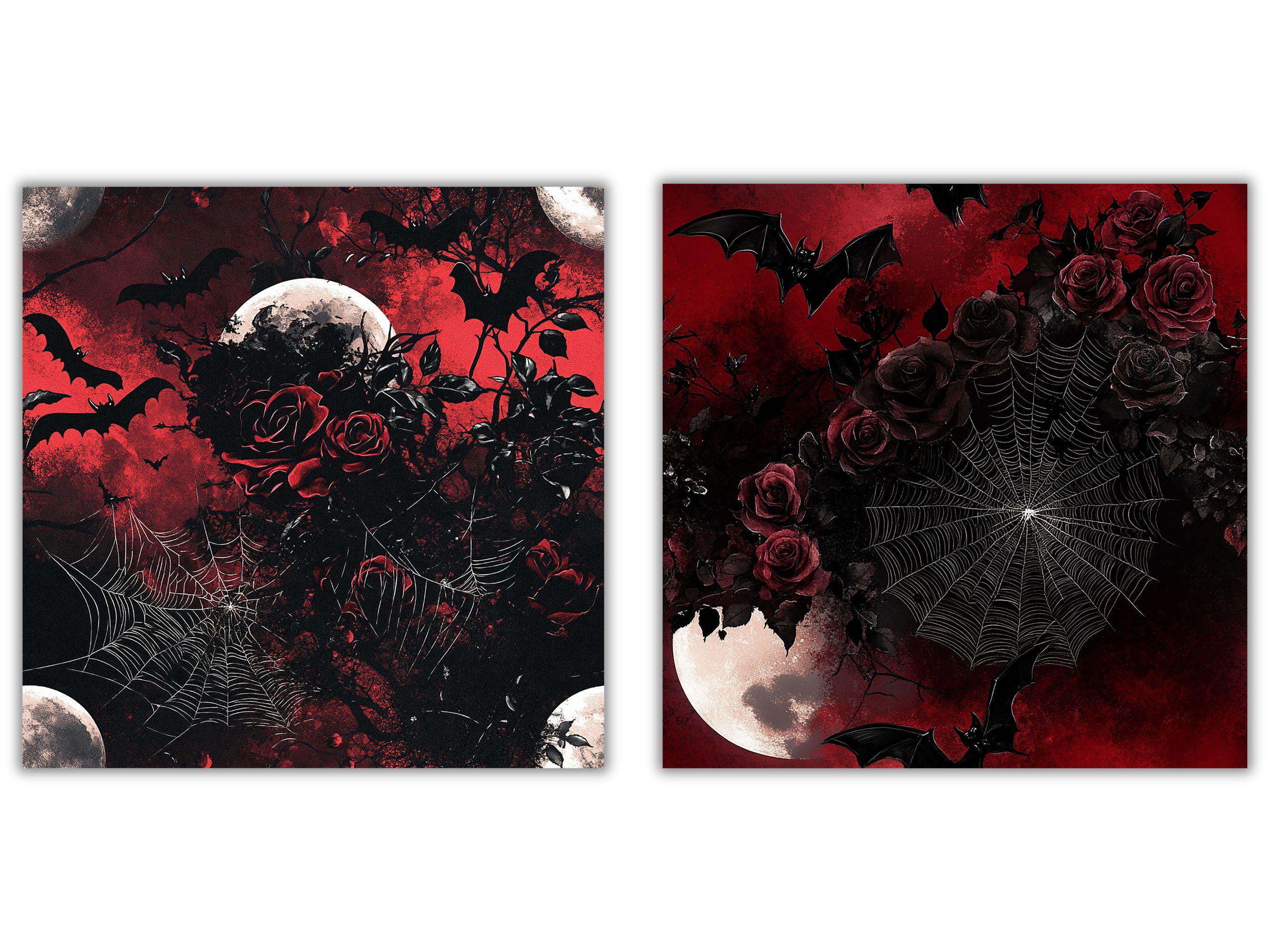 Moonlit Roses and Vampire Bats Halloween Digital Papers, Red Black ...