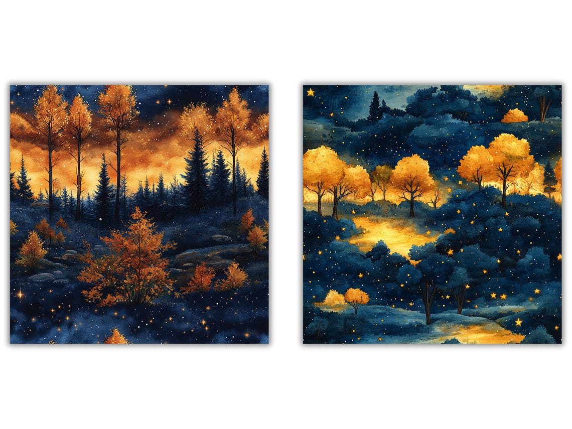 Golden Forest Nights Digital Paper, Seamless Autumn Night Forest, Stars ...