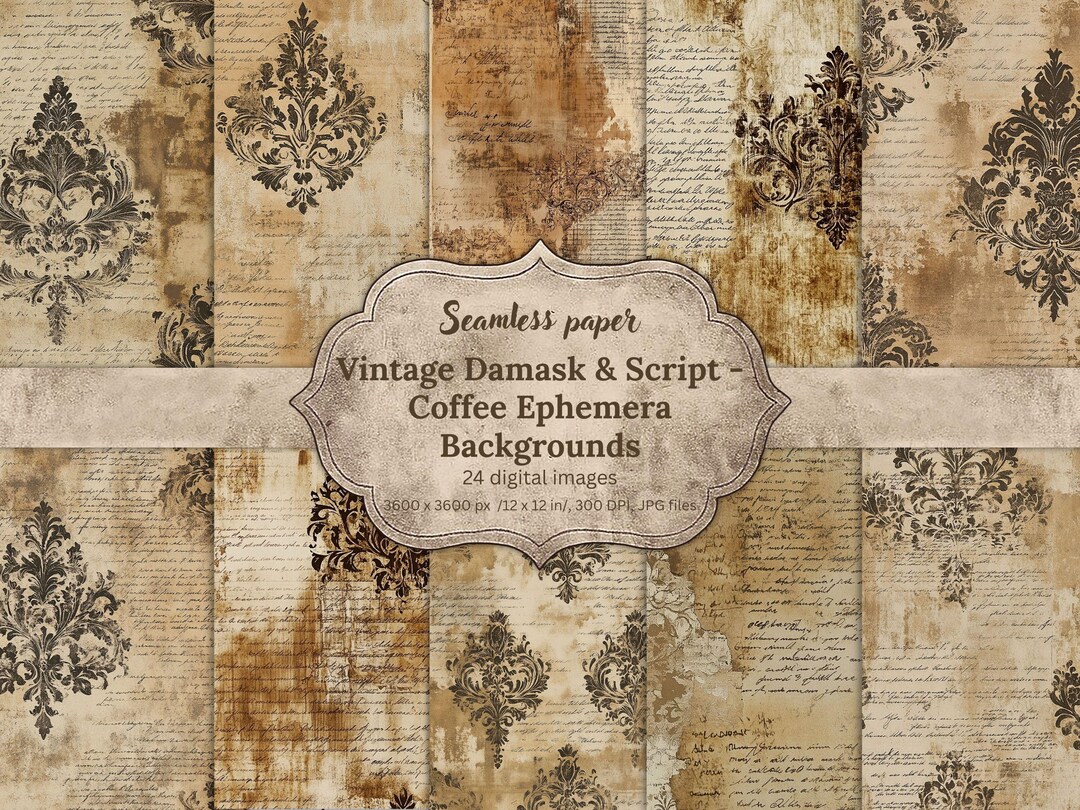 Vintage Damask Script Digital Paper Bundle, Coffee Ephemera Backgrounds ...