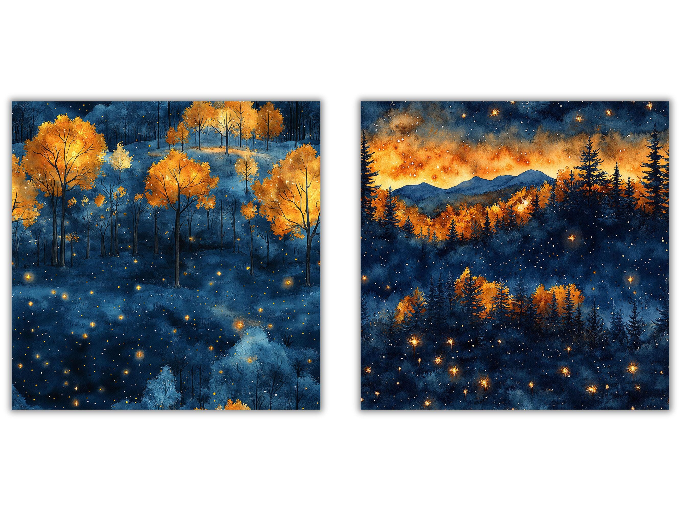 Golden Forest Nights Digital Paper, Seamless Autumn Night Forest, Stars ...