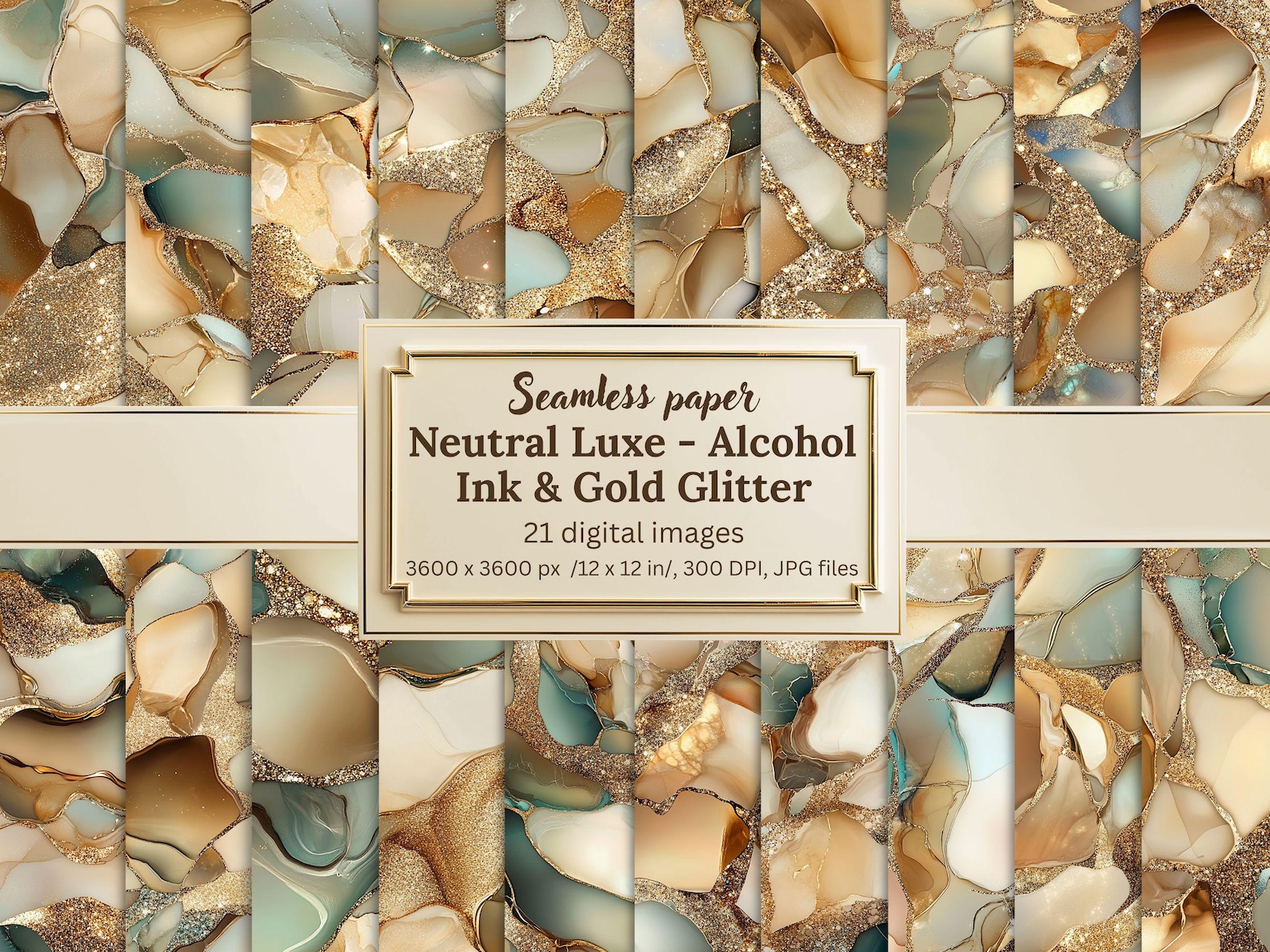 Neutral Luxe Alcohol Ink & Gold Glitter Digital Paper Pack, 21 Seamless ...