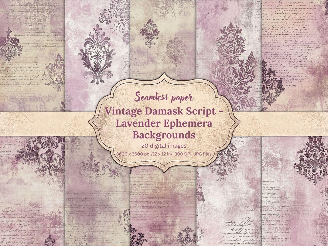 Vintage Damask Script Digital Paper Pack, Lavender Ephemera Backgrounds ...