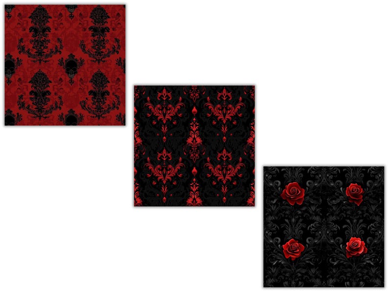 Gothic Halloween Elegance Digital Papers, Black & Red Damask, Roses ...