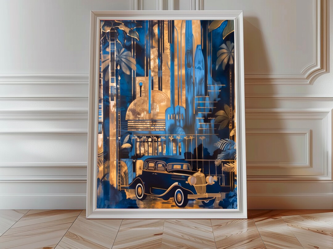 1920s Art Deco Print, Art Deco City and Car | Blue and Gold Art Deco ...