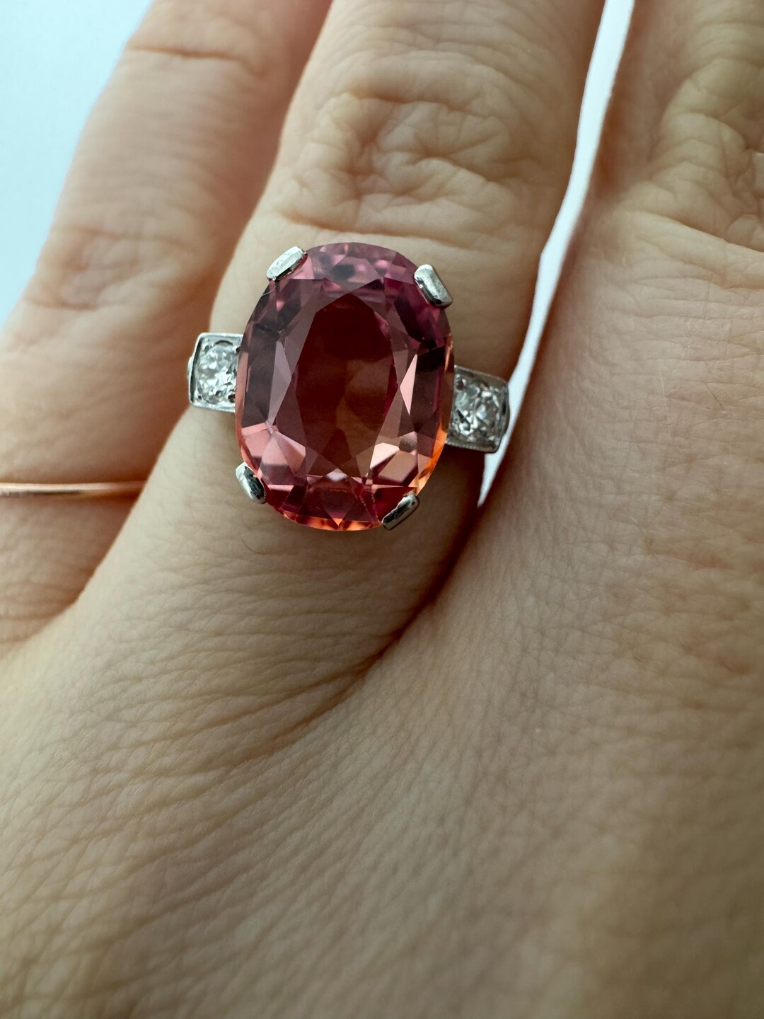6ct Pink Peach Oval Sapphire and Diamond Estate Art Deco Platinum Ring ...