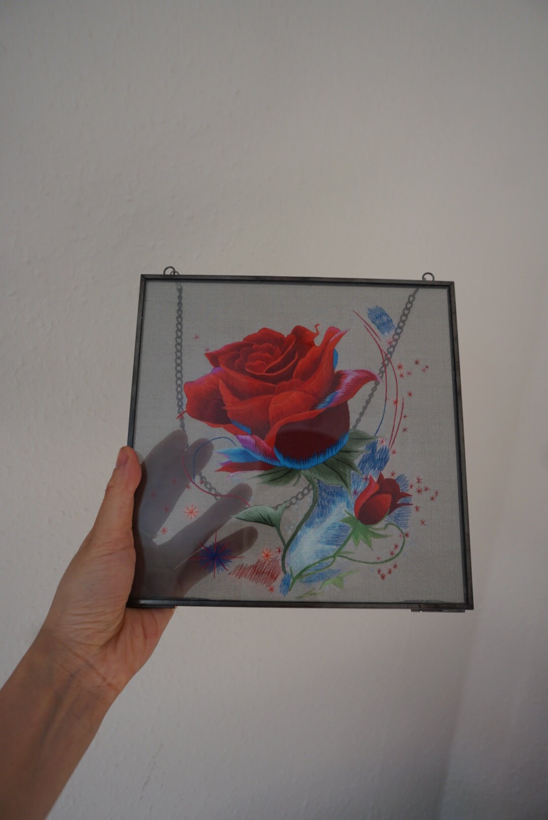 Big Red Rose Embroidery in Black Frame, Romantic Wall Decor, 20cm Wall ...