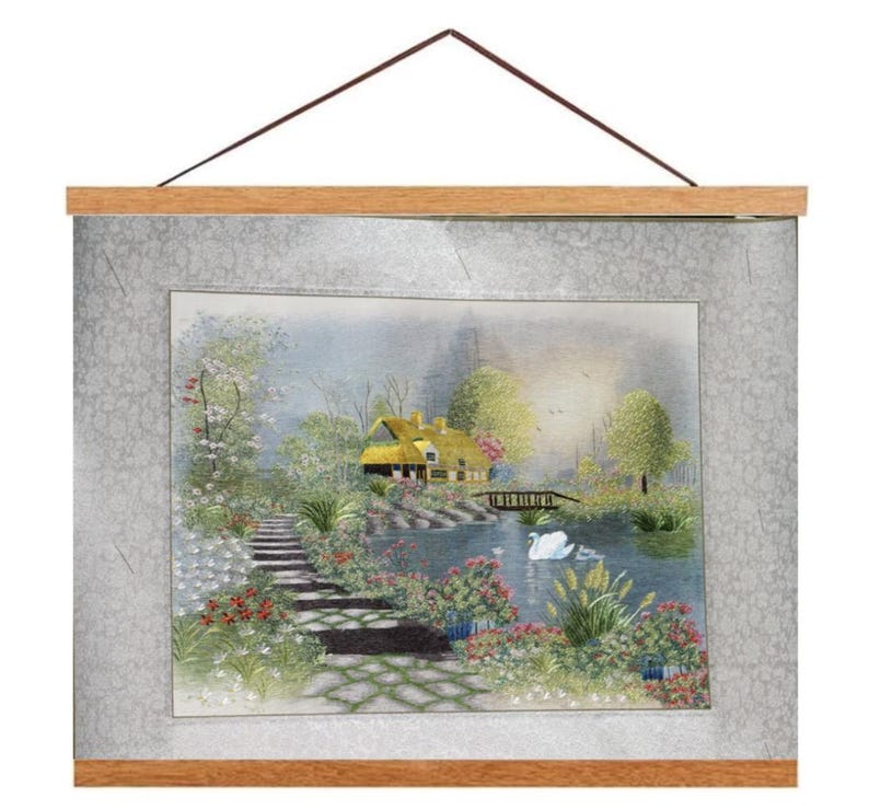 Thatched-roof Cottage Silk Art Embroidery, Countryside Scene, 73cm 54cm ...