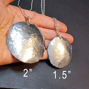Large Silver Pendant Necklace, Choose a Size Circle Disc Hammered Domed ...