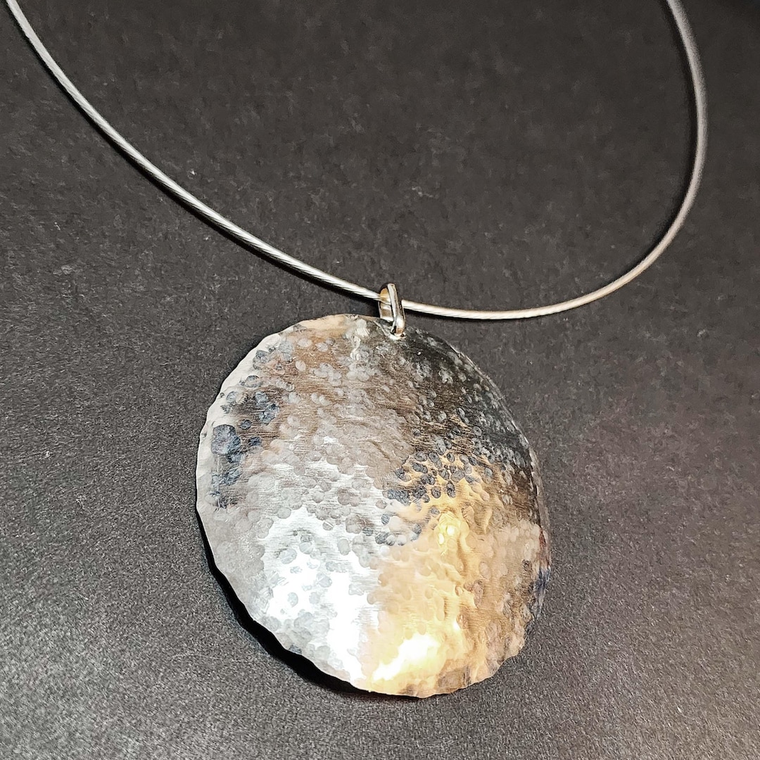 Large Silver Pendant Necklace, Choose a Size Circle Disc Hammered Domed ...