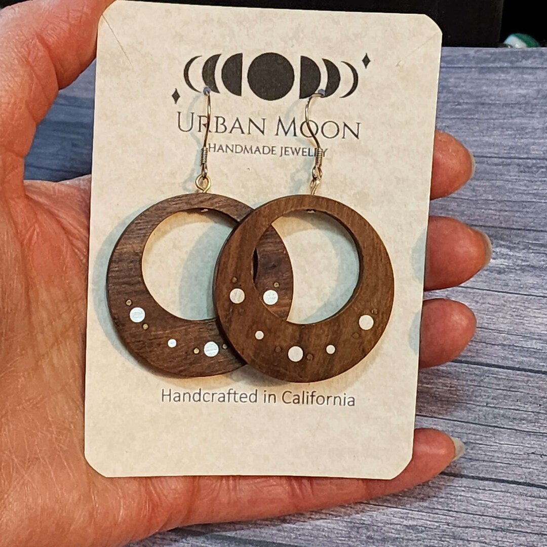 Retro Wood Circle Earrings With Metal Inlays, 36mm Circle Earrings, Big ...