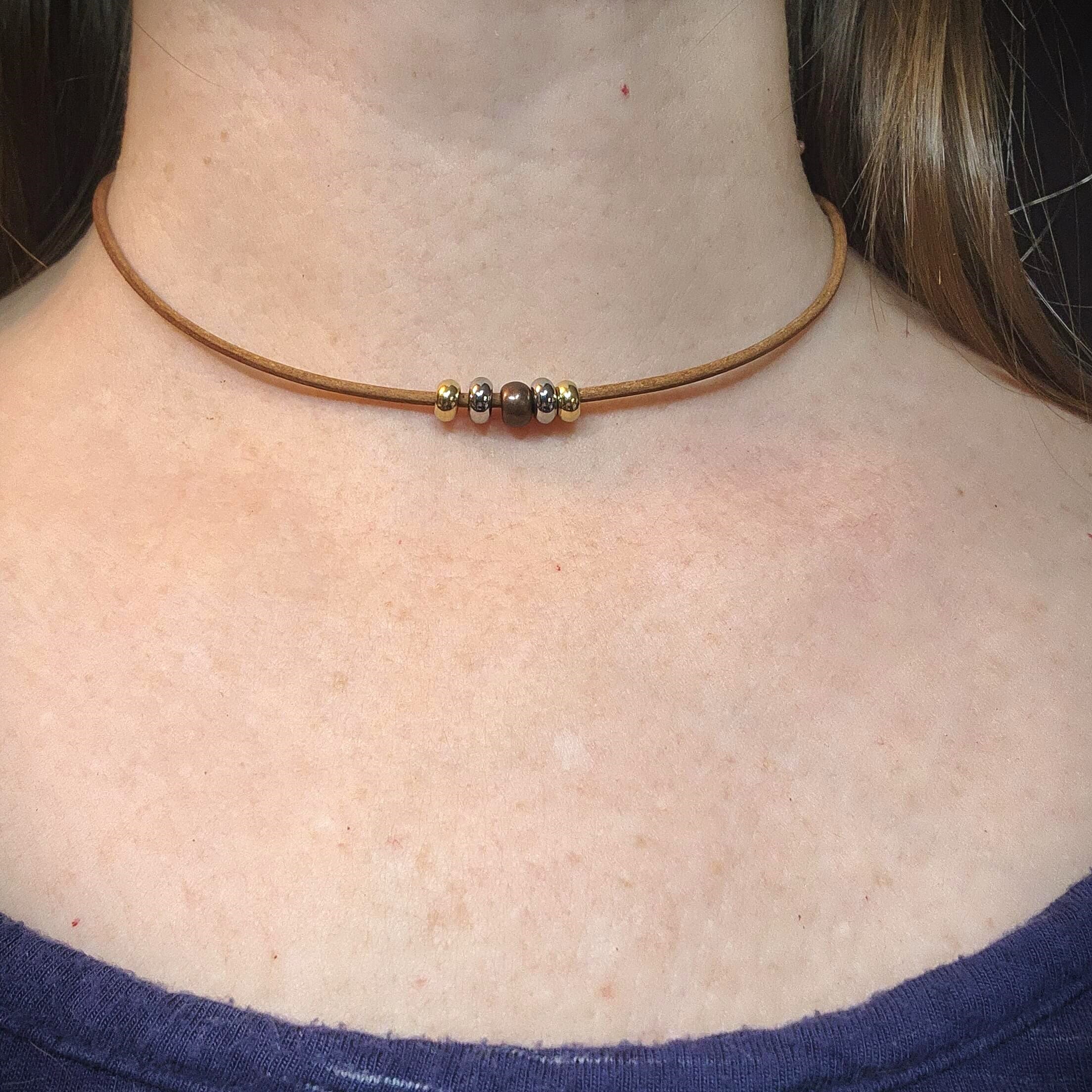 Minimal Leather Necklace, Tri-colored Mixed Metal Leather Choker Bead ...