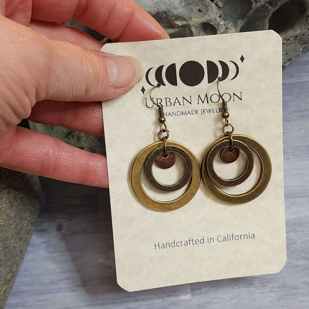 Mixed Metal Geometric Earrings, Handmade Drop Earrings, Copper Retro ...