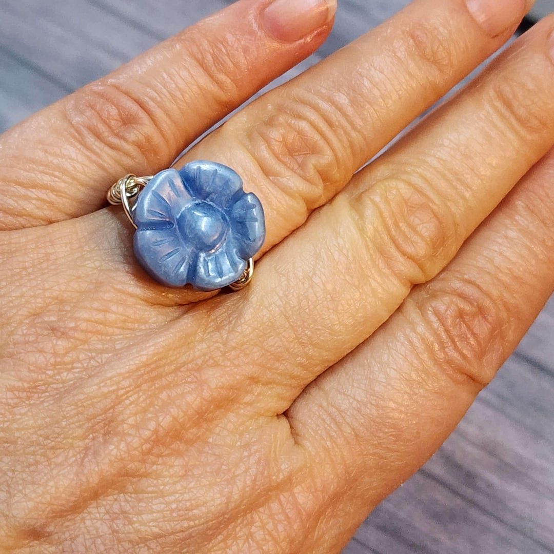 Handmade Carved Flower Wire Wrap Ring, Blue Gemstone Ring - Etsy