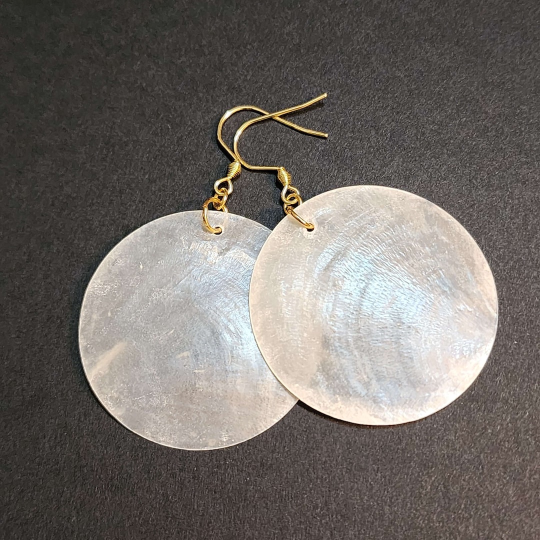 Large White Shell Disc Earrings, 40mm Circle Earrings, 1.6 Inch Round ...