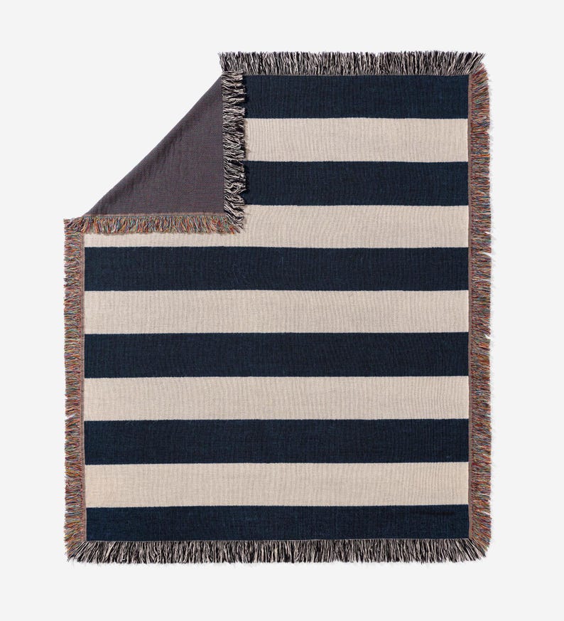 Nautical Blanket Navy Woven Throw Blanket Cotton Beach House Decor Navy ...