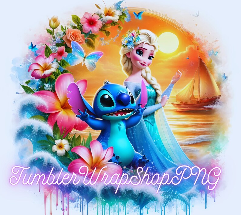 Elsa and Stitch Frozen Tumbler Wrap PNG, 20 Oz Watercolor Splash ...