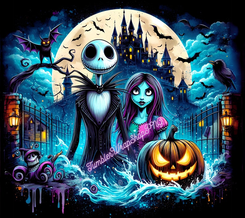 Jack and Sally Tumbler Wrap PNG, 20 Oz Watercolor Splash Digital Design ...