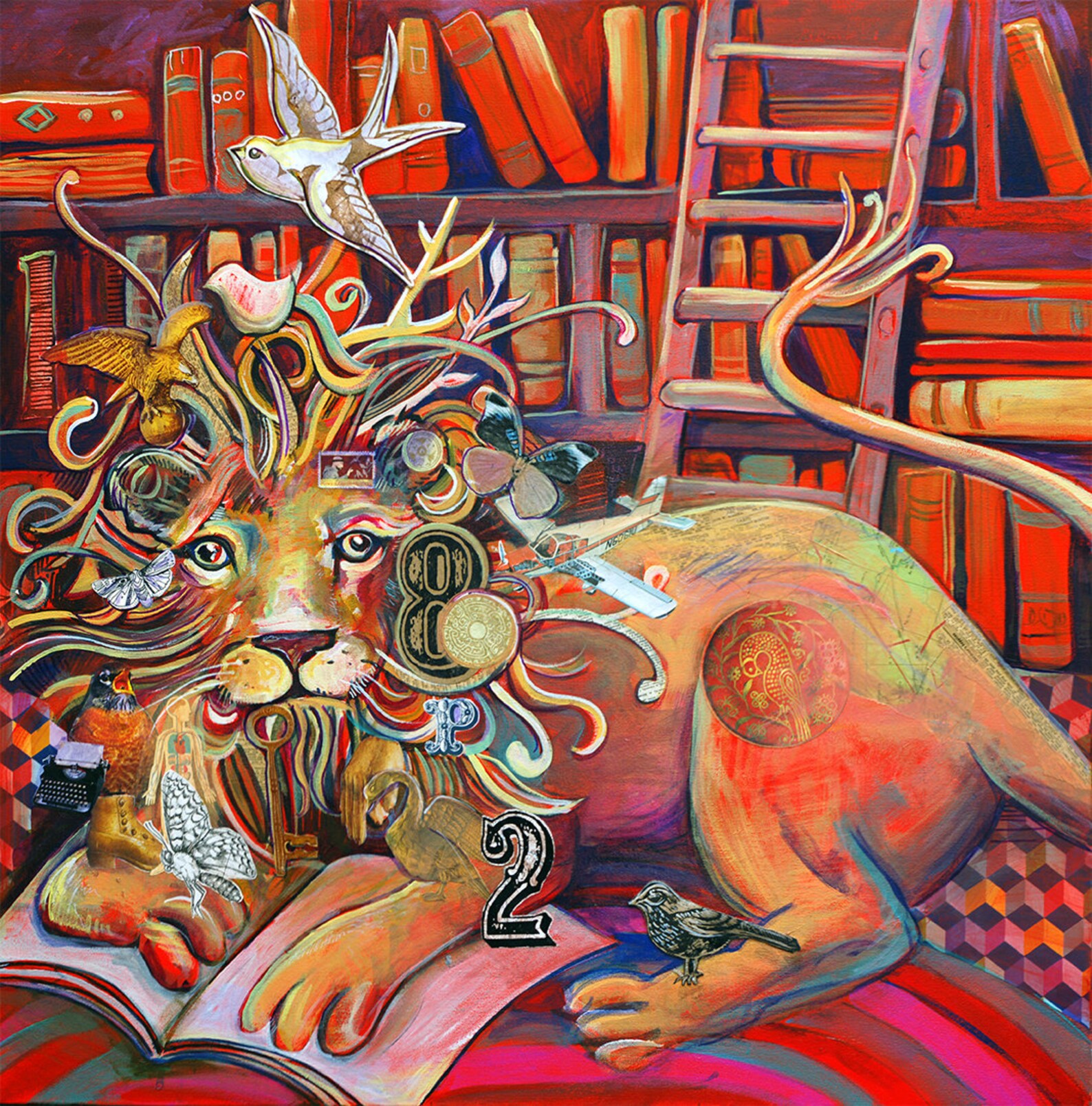 Library Lion 12x12 Print Neon Oranges, Books, Book Lovers, Golds ...