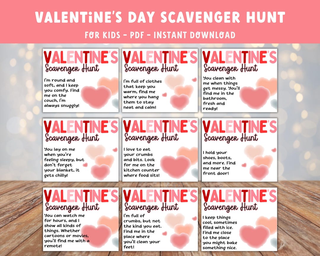 Valentine's Day Scavenger Hunt Printable for Kids, Indoor Treasure Hunt ...