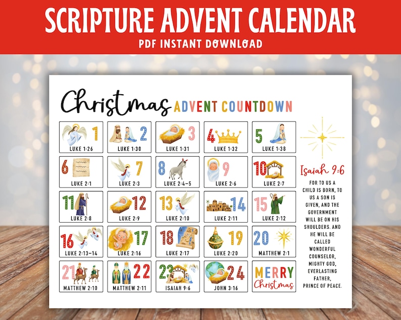 Printable Advent Calendar 2024, Scripture Advent Calendar for Kids, Christmas Countdown ...