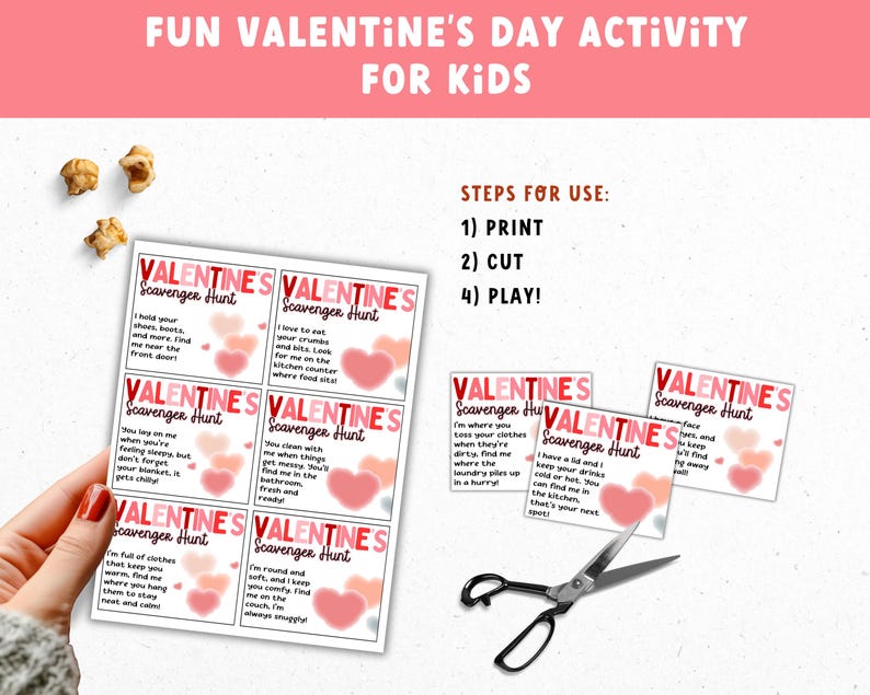 Valentine's Day Scavenger Hunt Printable for Kids, Indoor Treasure Hunt ...