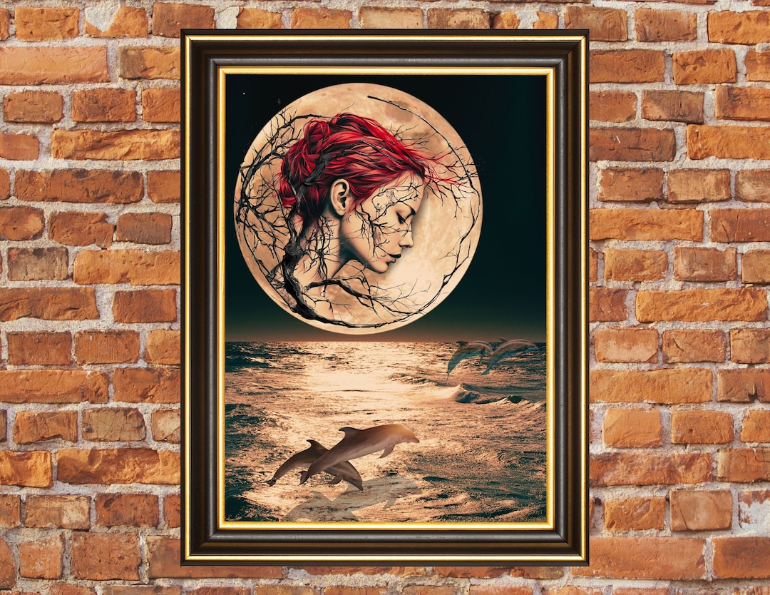 Moon Overlooking Dolphins in the Ocean Wall Art, Beautiful Woman Art ...