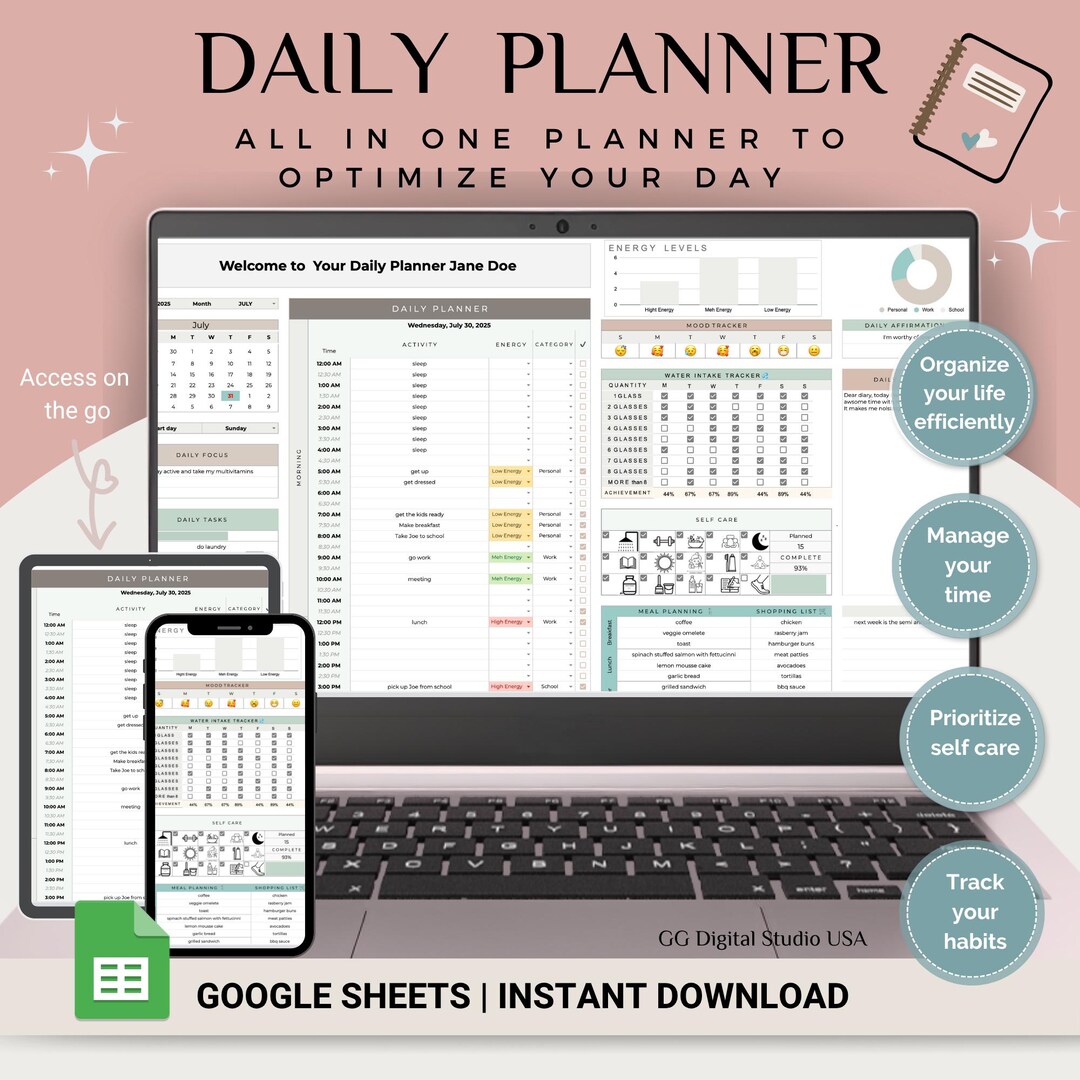 Editable Daily Task, Daily Digital Planner Template Google Sheets ...