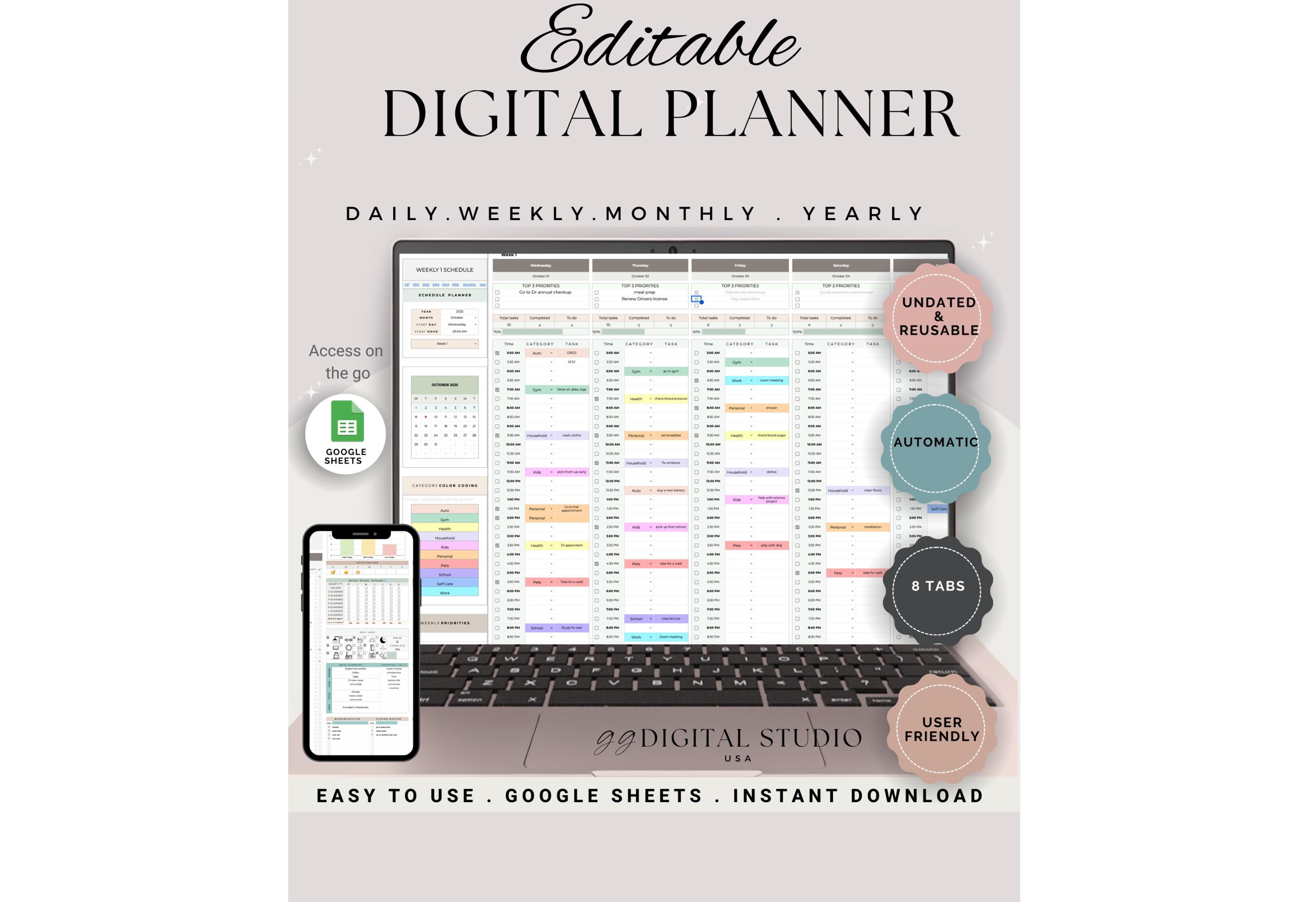 Google Sheets Weekly Planner, Edible Planner Spreadsheet, Weekly Hourly ...