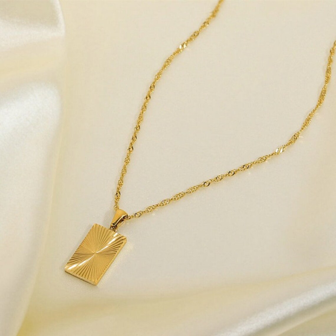 Sunburst Rectangle Gold Pendant Necklace, 18k Gold Plated, Stainless ...