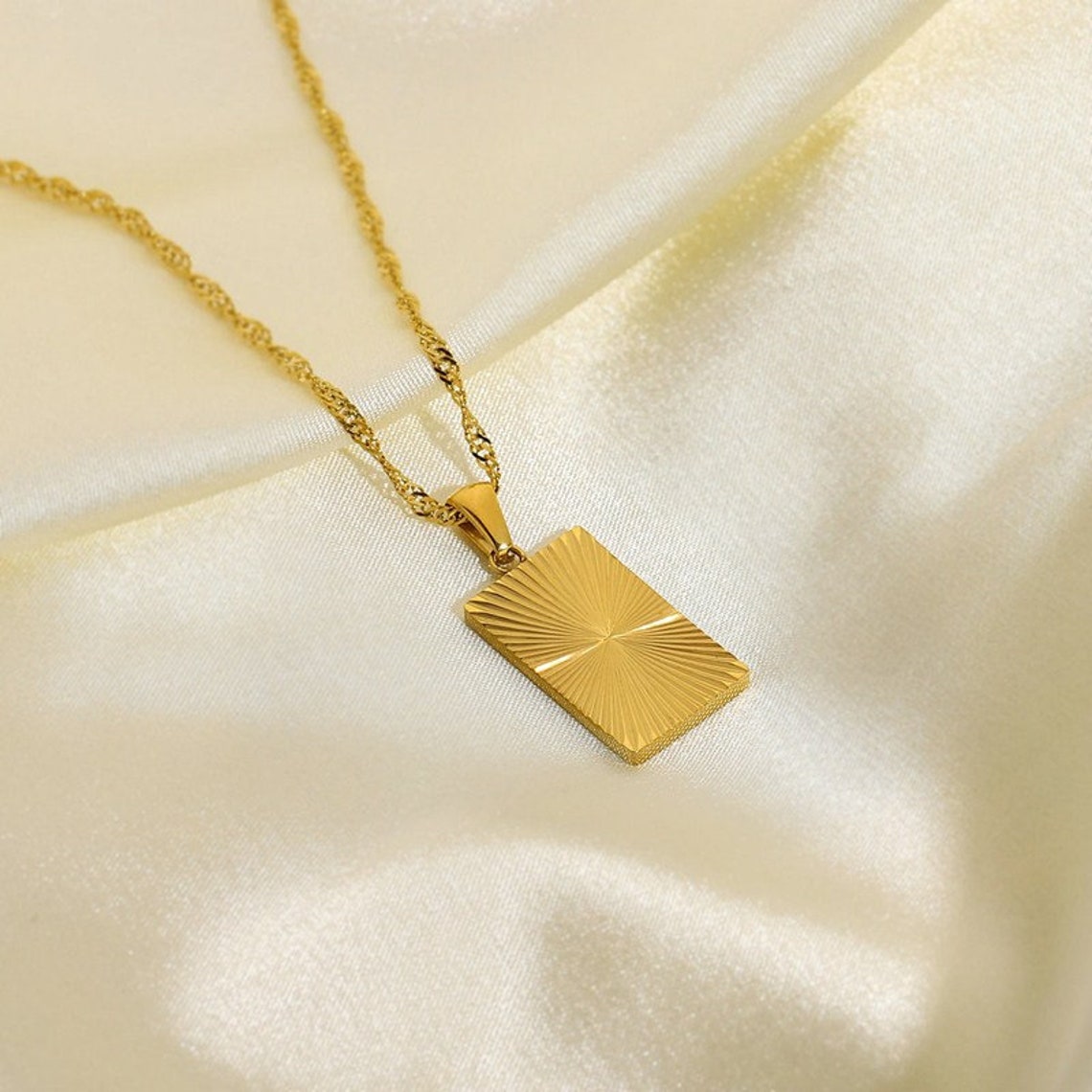 Sunburst Rectangle Gold Pendant Necklace, 18k Gold Plated, Stainless ...