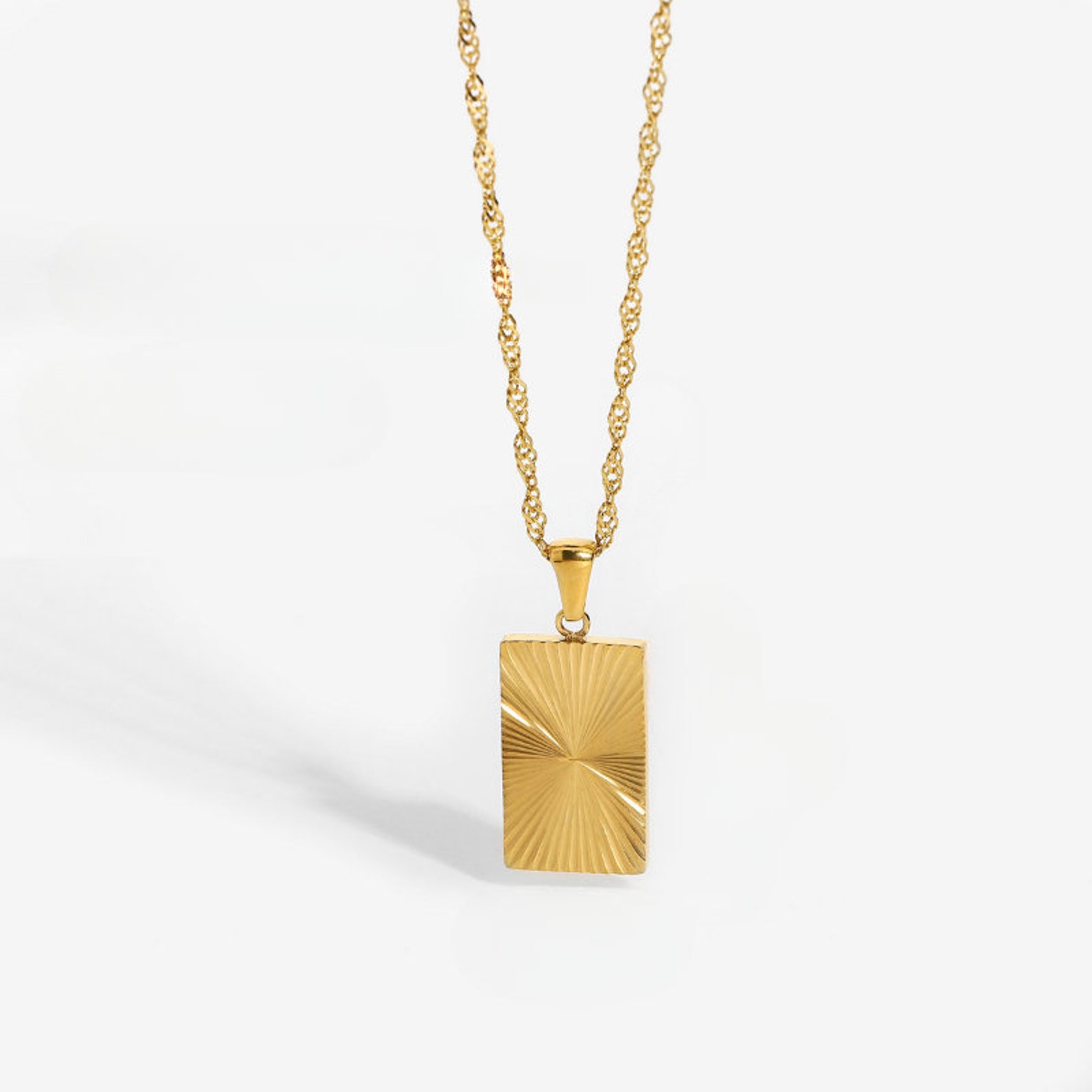 Sunburst Rectangle Gold Pendant Necklace, 18k Gold Plated, Stainless ...