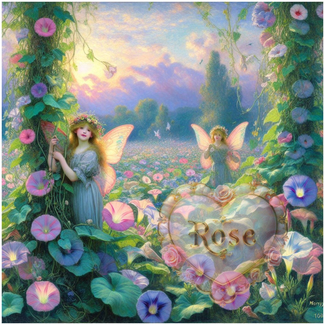 Beautiful Fairies and Morning Glory Garden 4 Digital Art Images Bundle ...