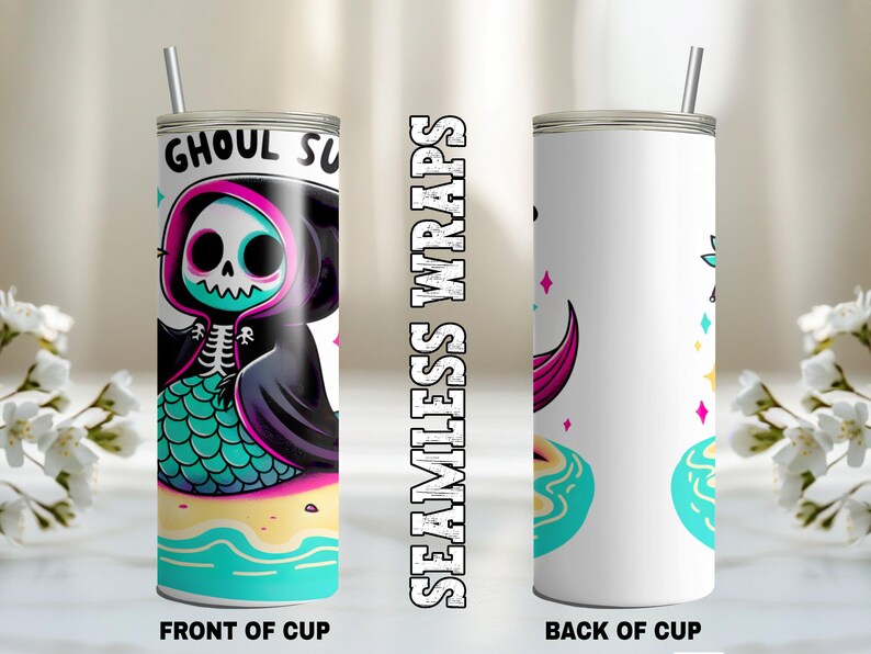 Hot Ghoul Summer Mermaid Skeleton 20 Oz Tumbler Wrap Seamless ...