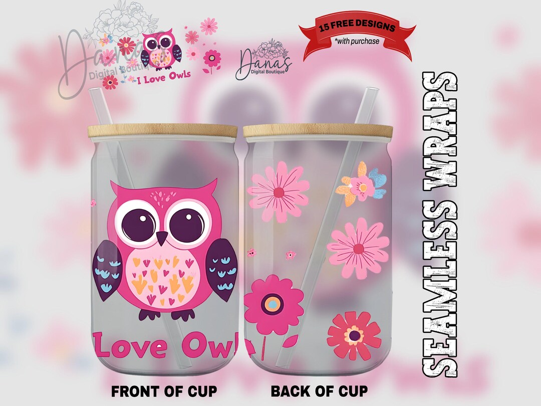 Pink I Love Owls Cute Owl Illustration 16 Oz Glass Can, Gift for Owl ...