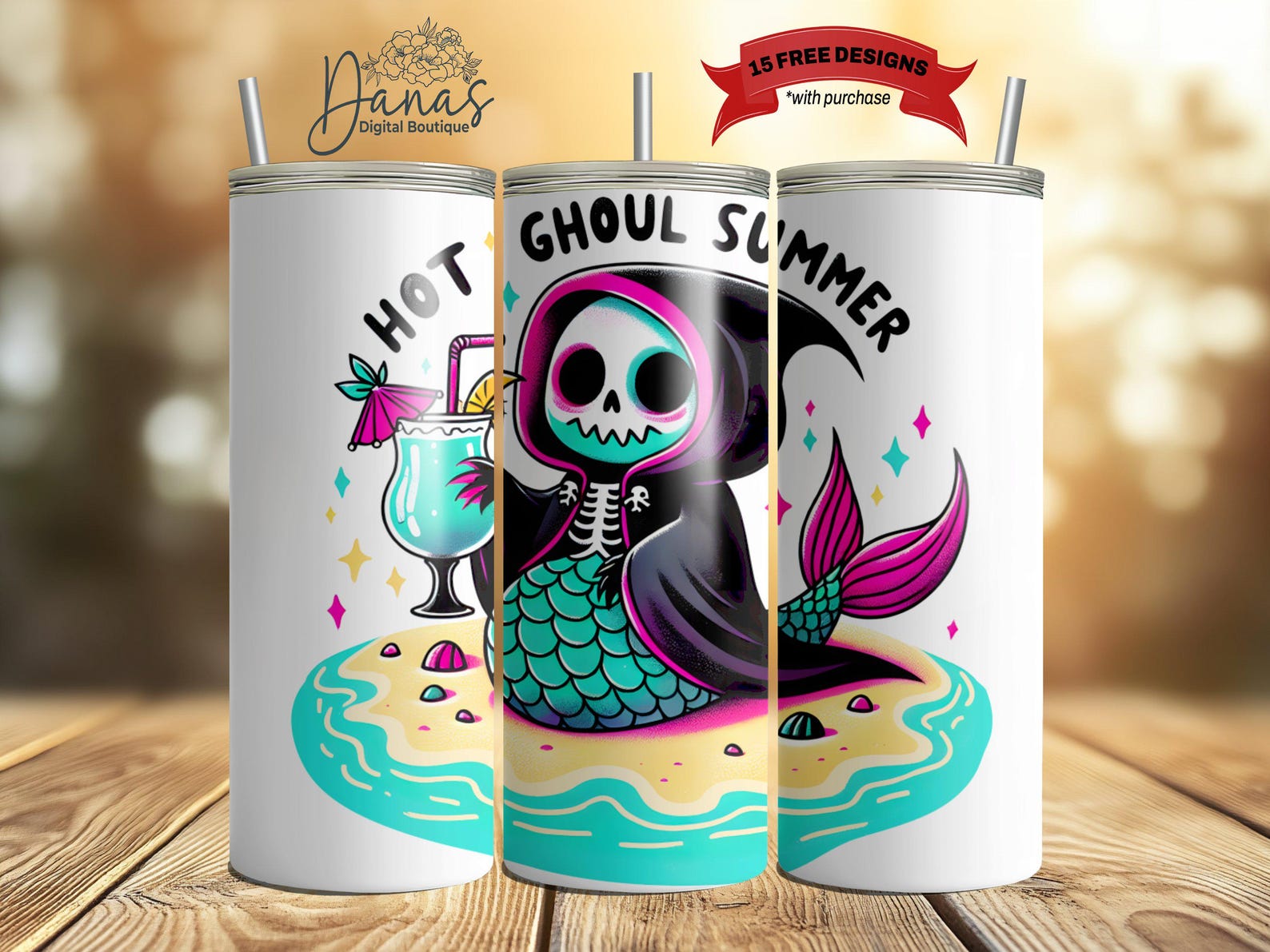 Hot Ghoul Summer Mermaid Skeleton 20 Oz Tumbler Wrap Seamless ...