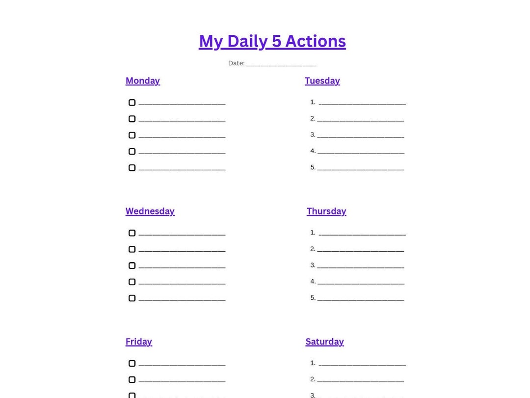 PDF: My Daily 5 Actions - Printable Downloadable File - 2 Color Options ...