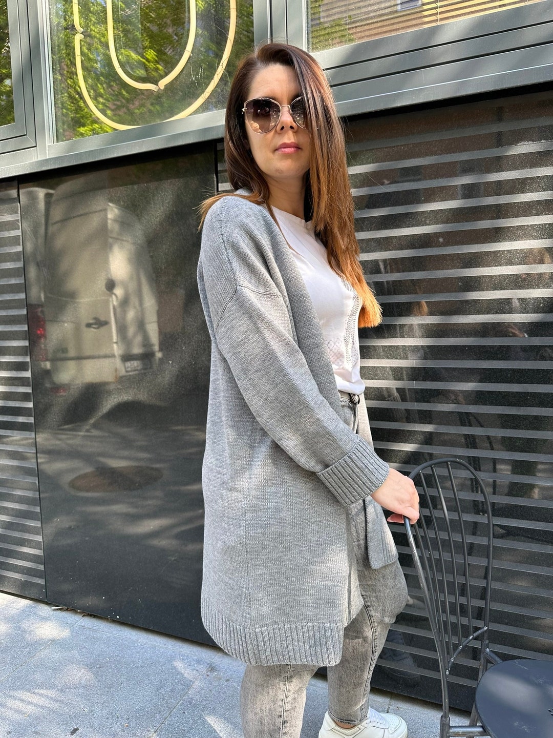 Chunky Knit Open Front Cardigan Gray Oversized Women's Long Wrap ...