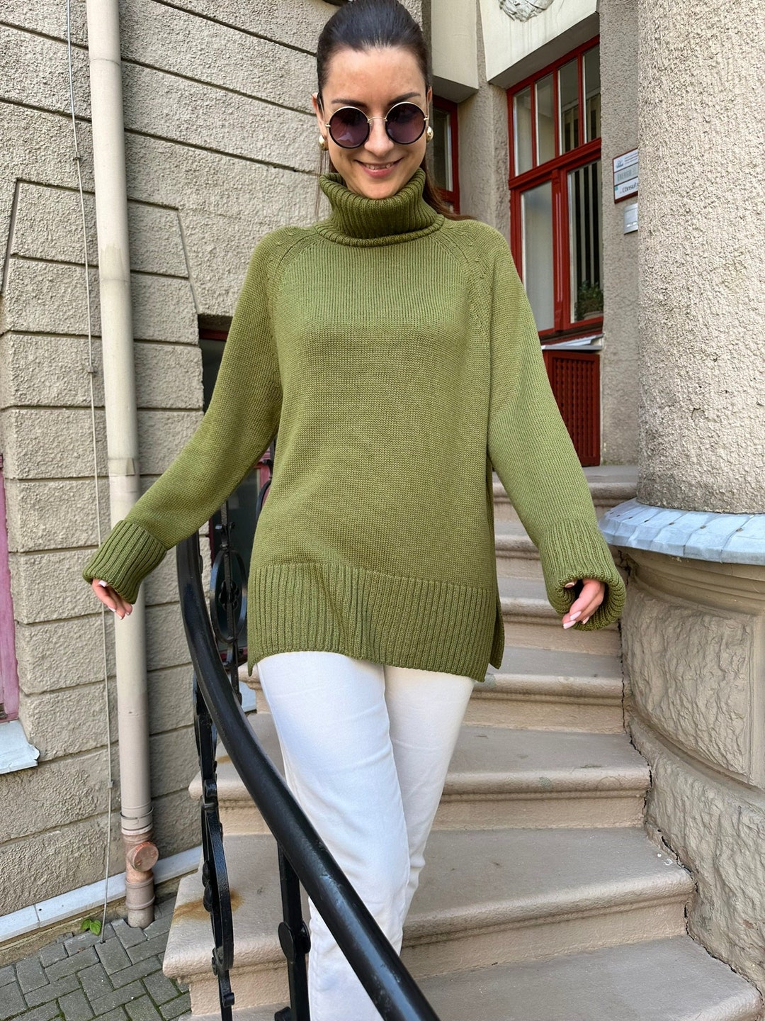 Stand up Collar Sweater Merino Wool Jumper, Green High Neck Pullover ...