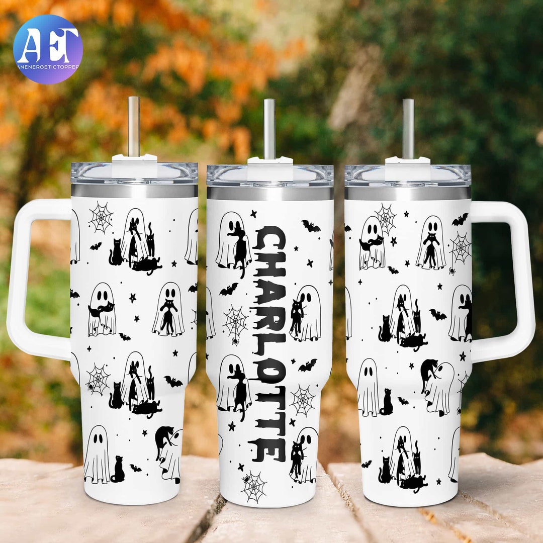 Halloween Ghost Cat Tumbler 40oz, Spooky Black Cat Stainless Steel Cup ...