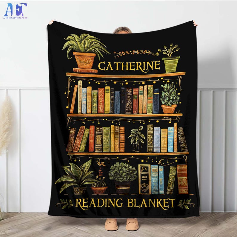 Personalized Book Blanket, Personalized Bookshelf and Plants Decor ...