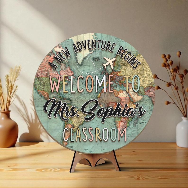 Personalized Welcome Classroom Door Sign, World Map Adventure Themed ...