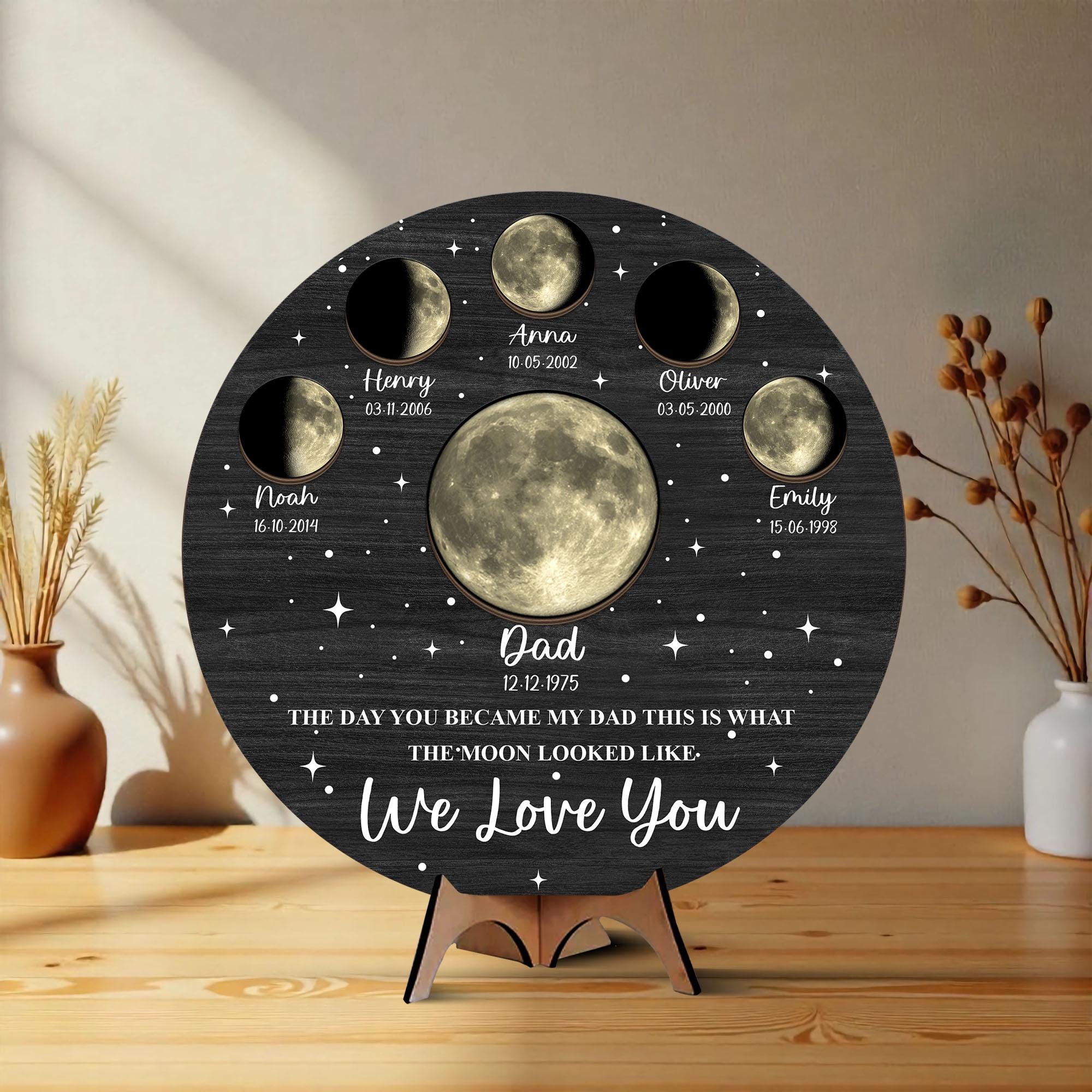 Personalized Moon Phase 3D Sign, Custom Dad Moon Phase Sign With Kids ...