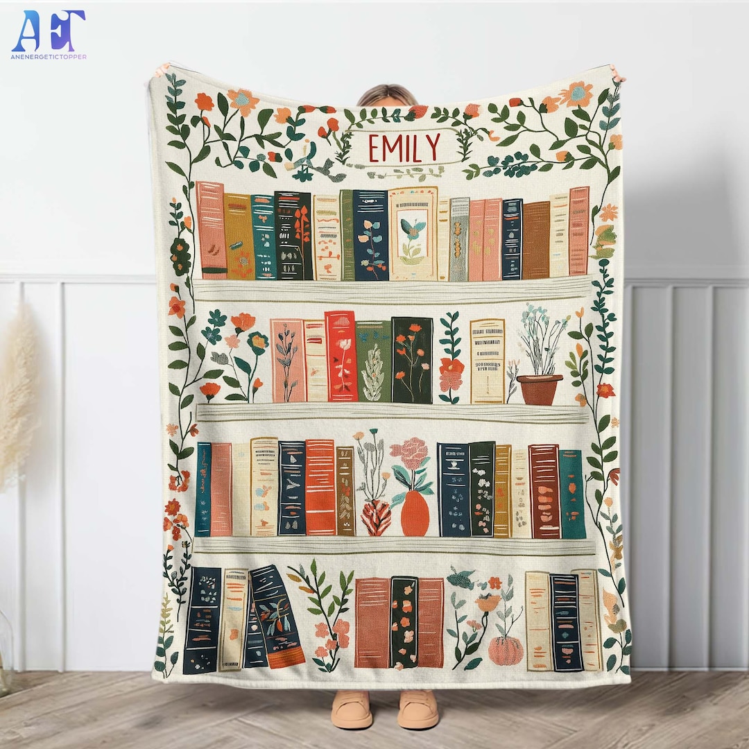 Custom Name Vintage Bookshelf Blanket, Boho Wildflowers Library Bookish ...