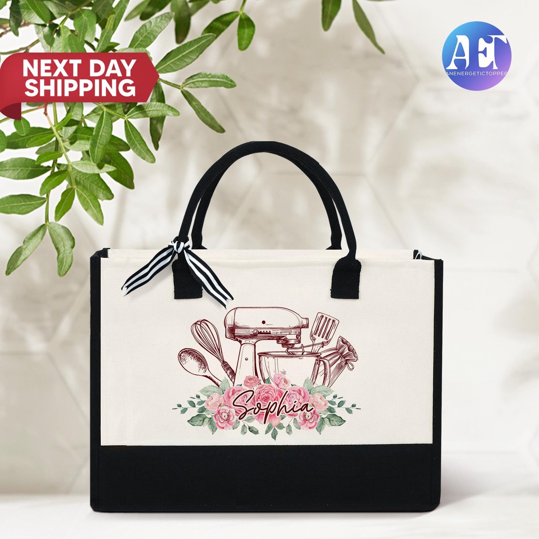 Personalized Baking Canvas Tote Bag, Custom Floral Baking Bag, Gift Bag ...