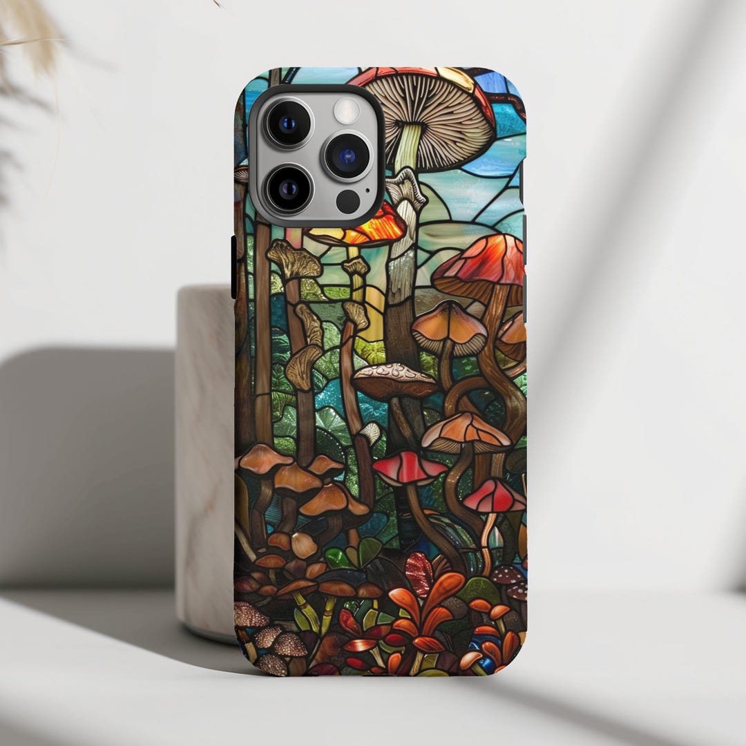 Mushroom Faux Stained Glass Phone Case, Forest Mosaic Aesthetic Case ...