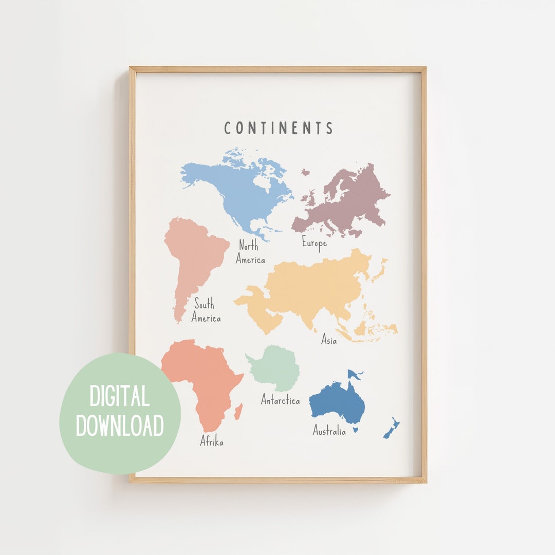 World Continents Poster, Continent Print, Watercolor Poster, Kids Room ...