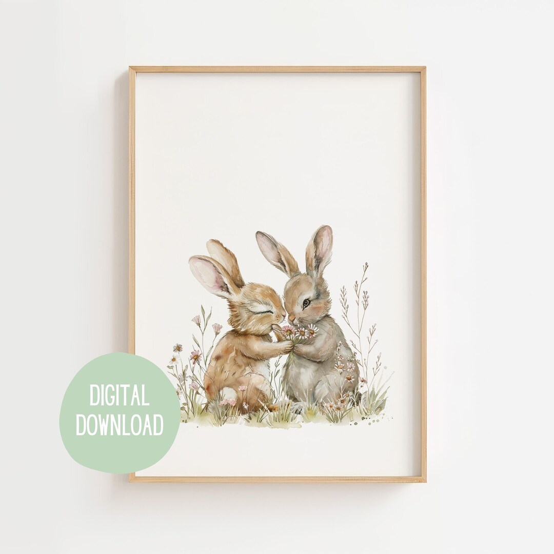 Watercolor Rabbit Poster, Rabbit Wildflowers Poster, Cute Rabbits With ...